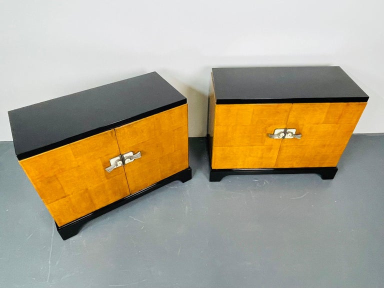 Pair Art Deco Ebony and Parquetry Commodes, Nightstands, Chest, James ...