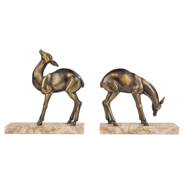 Pair Art Deco Period Spelter Bookends with Deer For Sale at 1stDibs