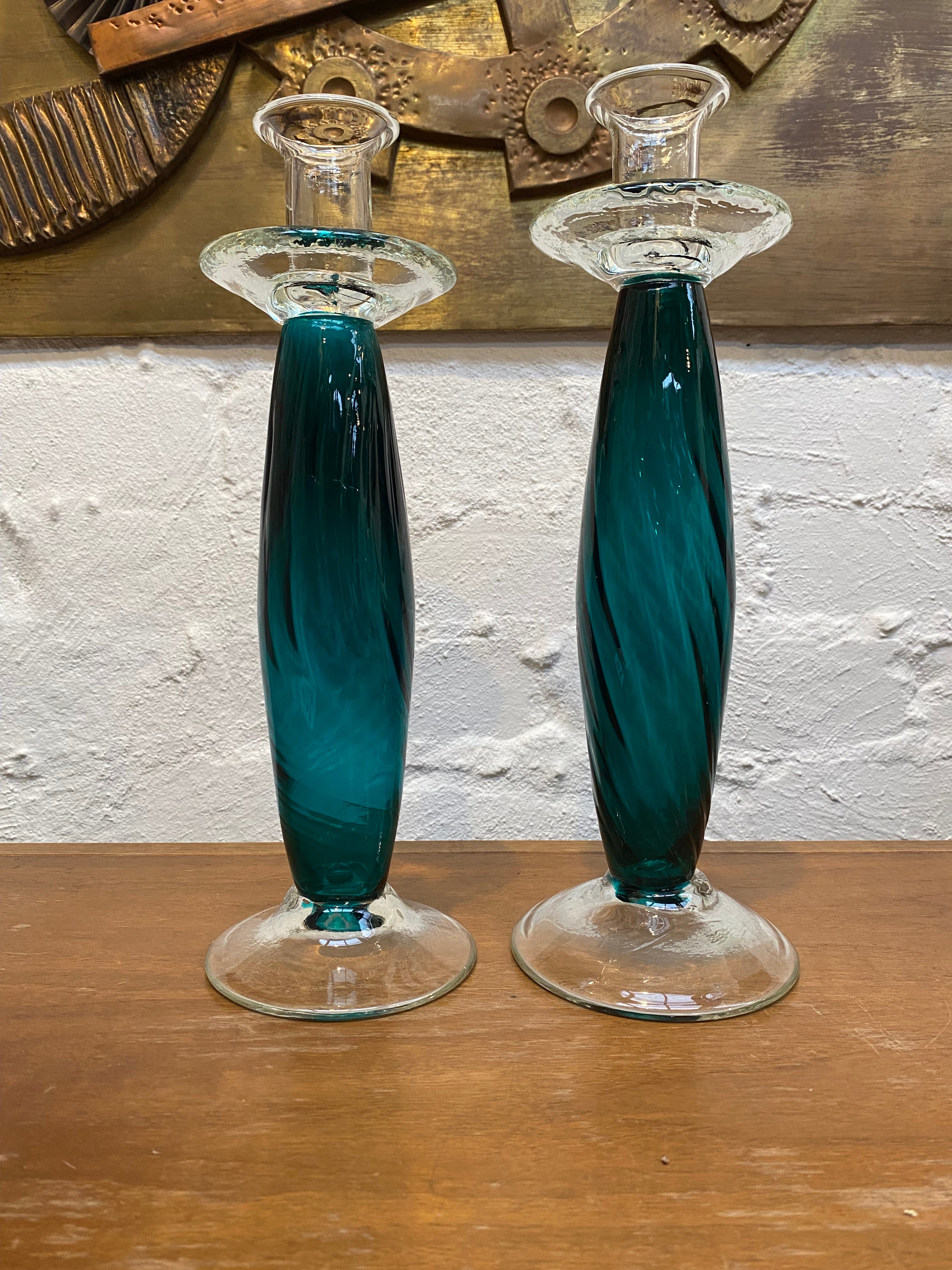 Pair Teal Green Art Glass Candlesticks 1980s For Sale at 1stDibs