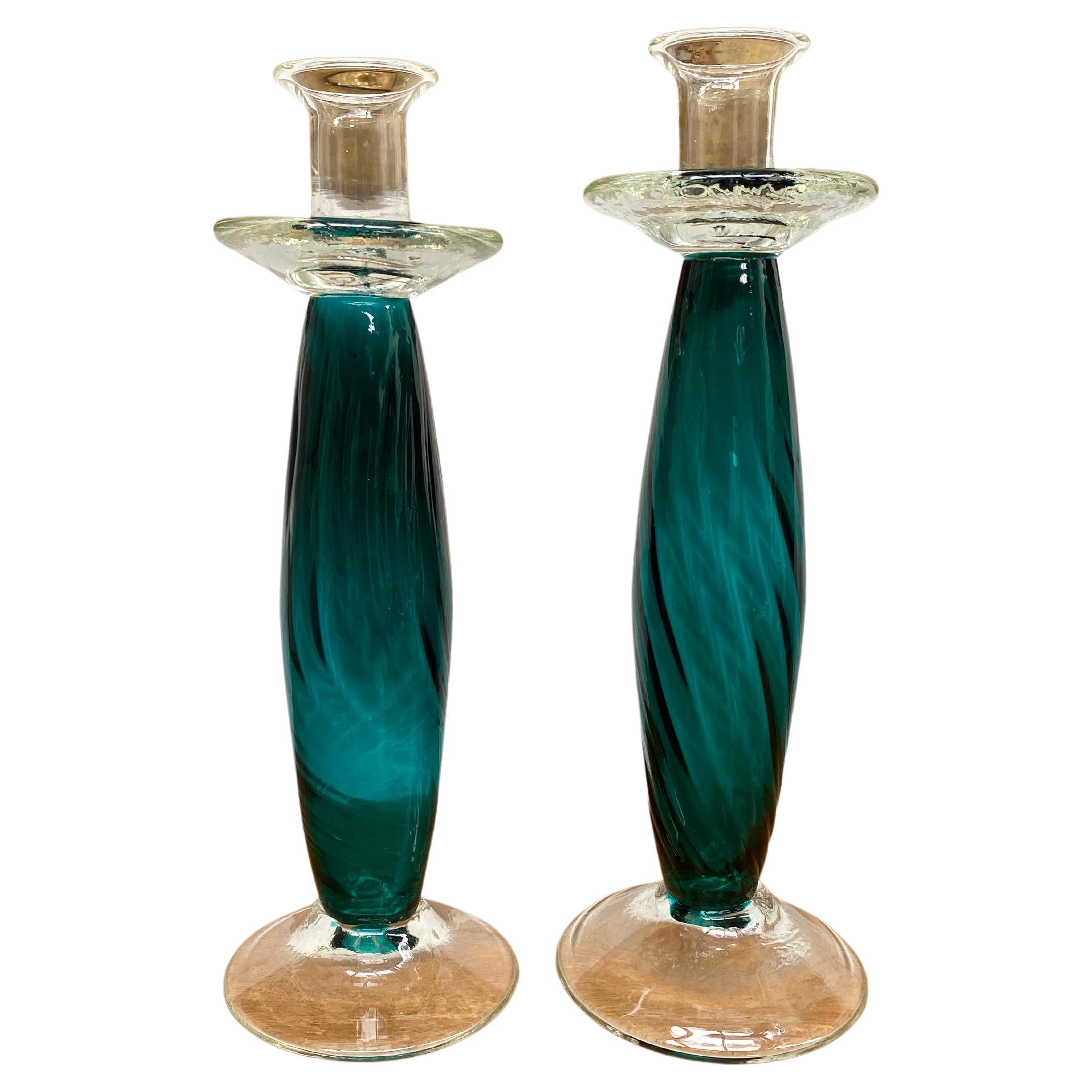 Pair Teal Green Art Glass Candlesticks 1980s For Sale at 1stDibs