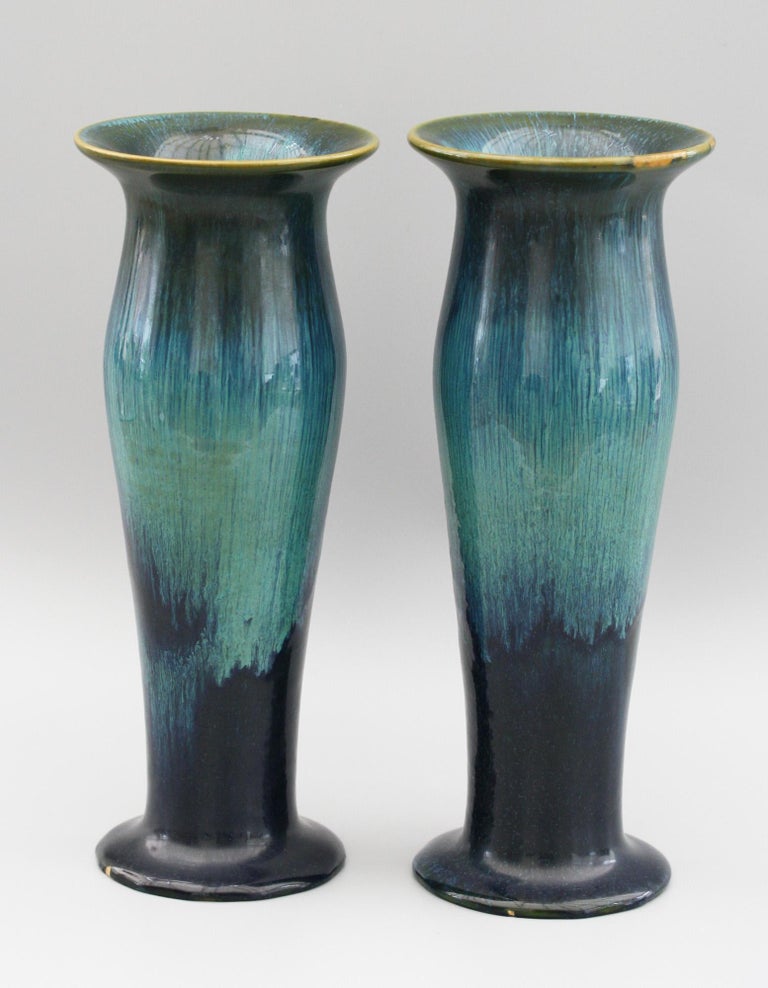 Pair of Ashby Potters Guild Art Nouveau Mottled Blue Glazed Vases For ...