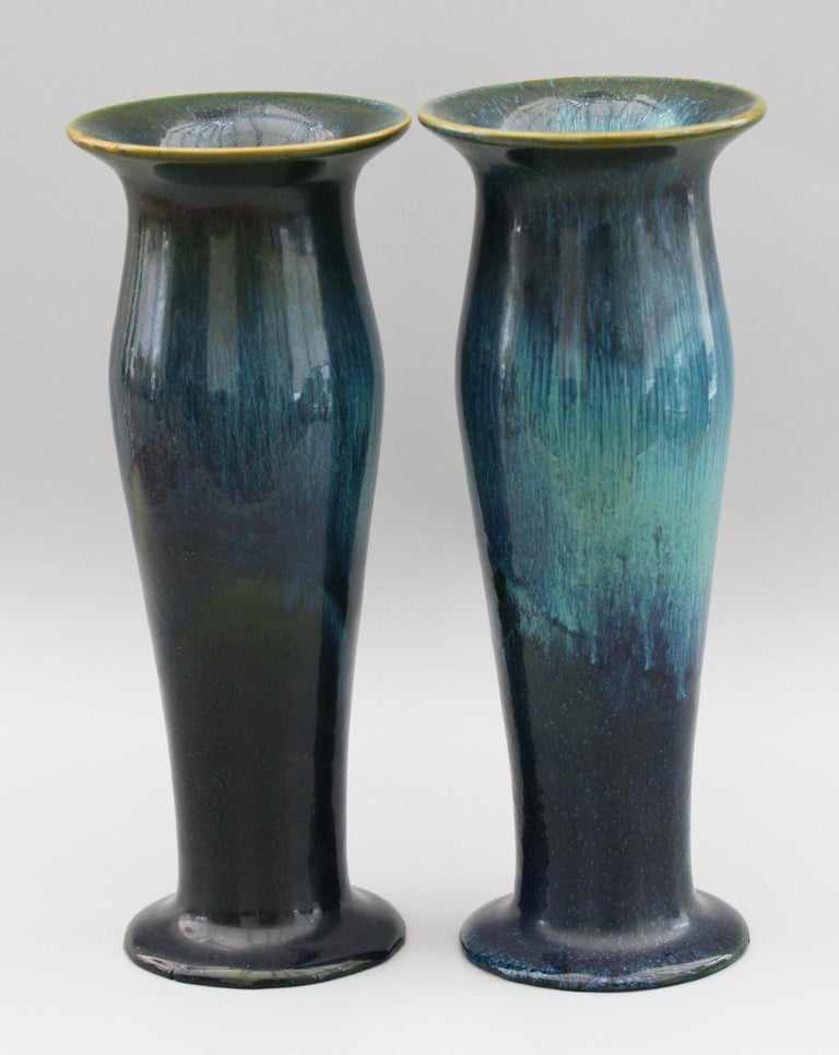 Pair of Ashby Potters Guild Art Nouveau Mottled Blue Glazed Vases For ...