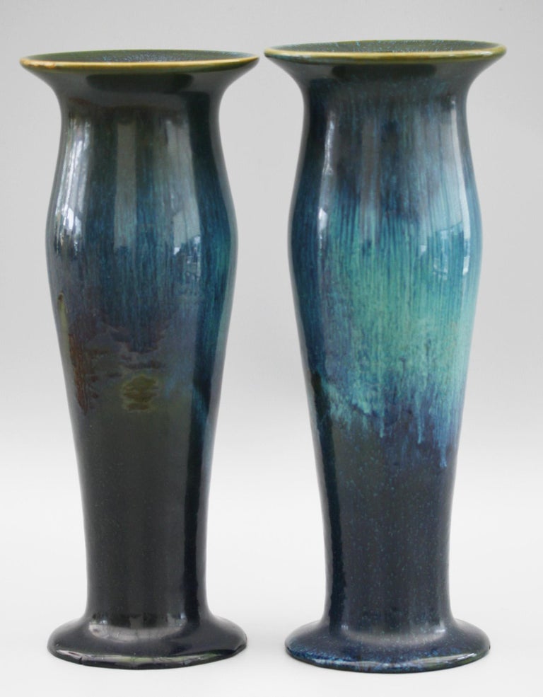 Pair of Ashby Potters Guild Art Nouveau Mottled Blue Glazed Vases For ...