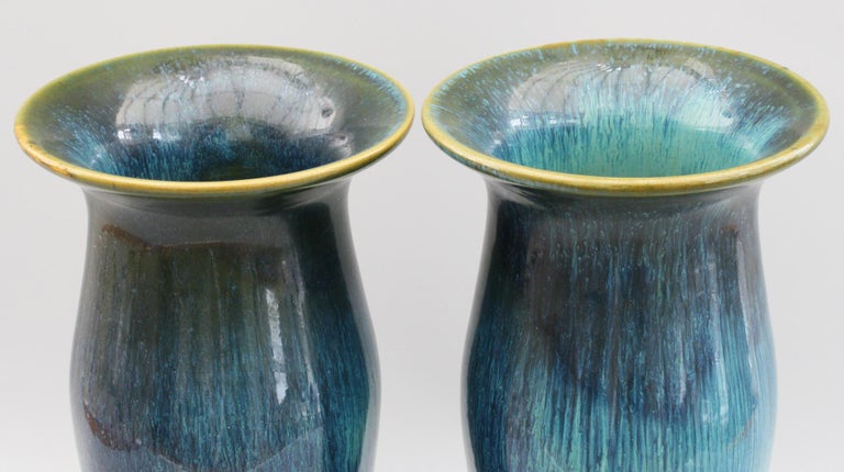 Pair of Ashby Potters Guild Art Nouveau Mottled Blue Glazed Vases For ...