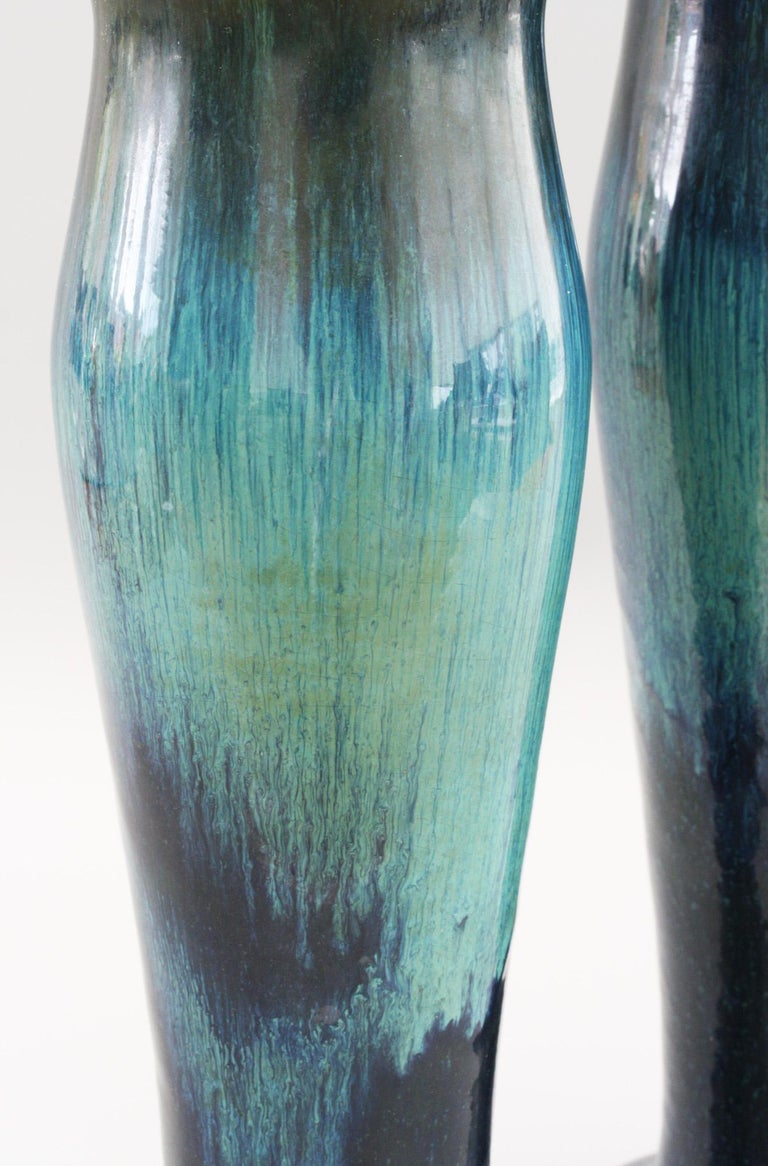 Pair of Ashby Potters Guild Art Nouveau Mottled Blue Glazed Vases For ...