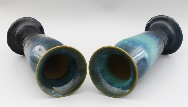 Pair of Ashby Potters Guild Art Nouveau Mottled Blue Glazed Vases For ...