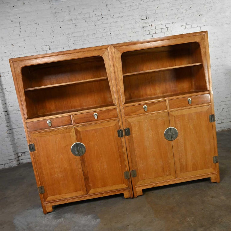 Pair Baker Far East Collection Michael Taylor Natural Elmwood Colonnade Cabinets For Sale at 1stDibs