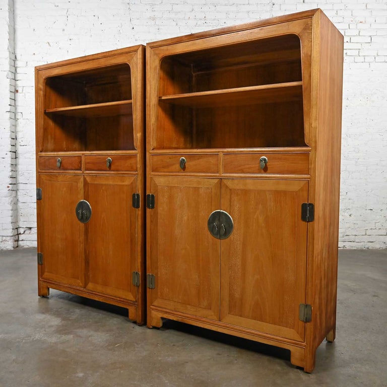 Pair Baker Far East Collection Michael Taylor Natural Elmwood Colonnade Cabinets For Sale at 1stDibs