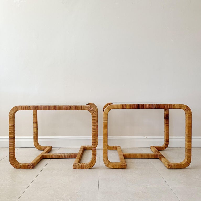 Pair Banded Wrapped Rattan End Drinks Tables For Sale at 1stDibs