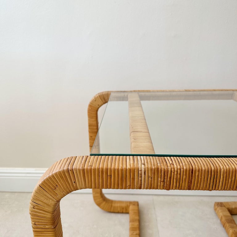 Pair Banded Wrapped Rattan End Drinks Tables For Sale at 1stDibs
