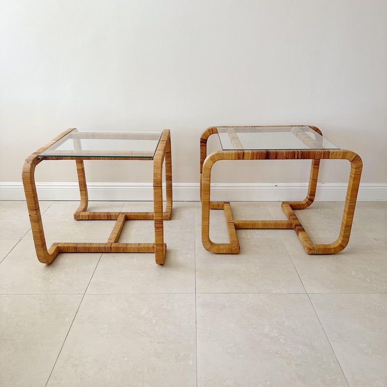 Pair Banded Wrapped Rattan End Drinks Tables For Sale at 1stDibs