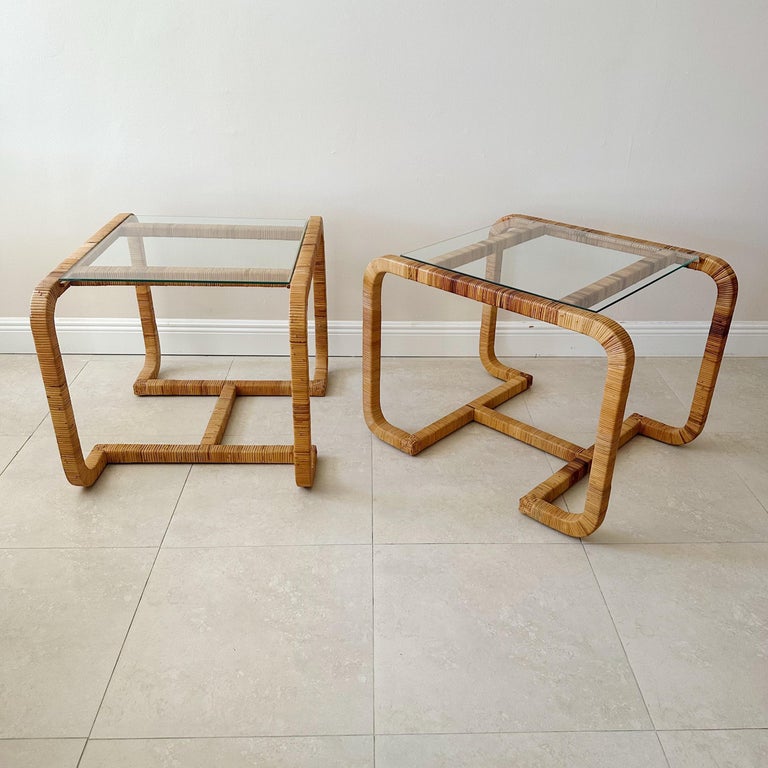Pair Banded Wrapped Rattan End Drinks Tables For Sale at 1stDibs