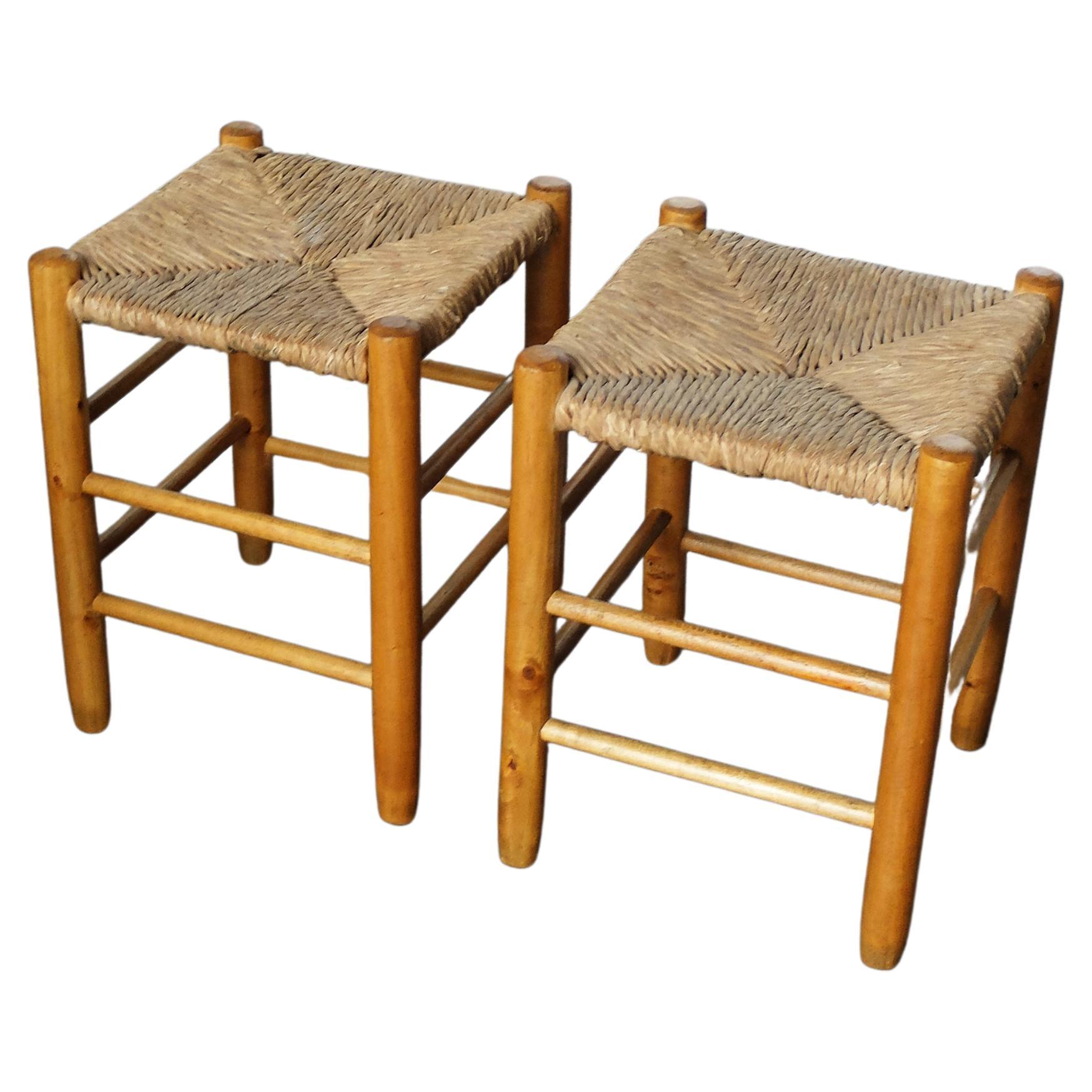 Pair Bauche N°17 Straw Stools, Charlotte Perriand for L'équipement De ...