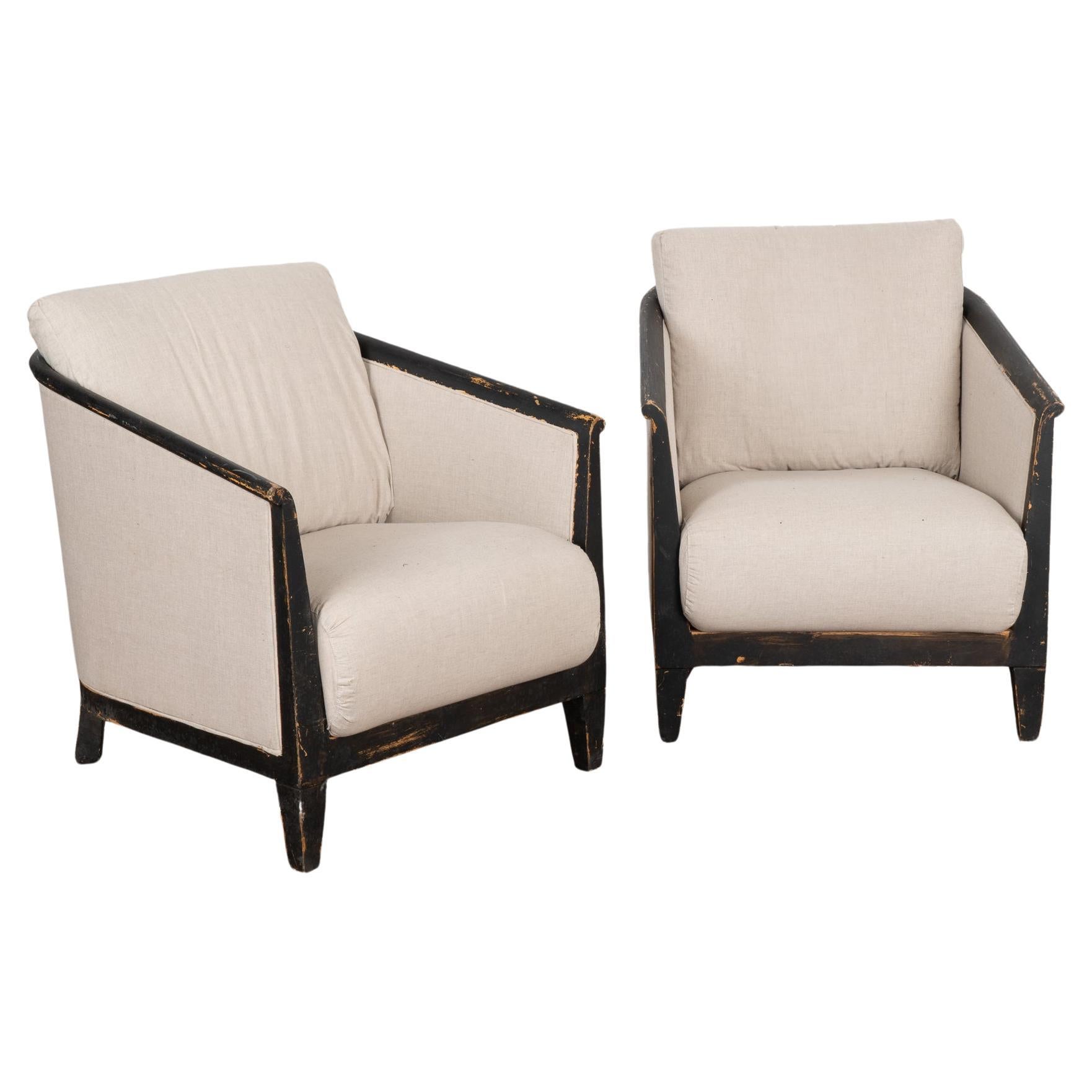 Pair, Black and Linen Arm Chairs, Sweden circa 1940's For Sale at 1stDibs