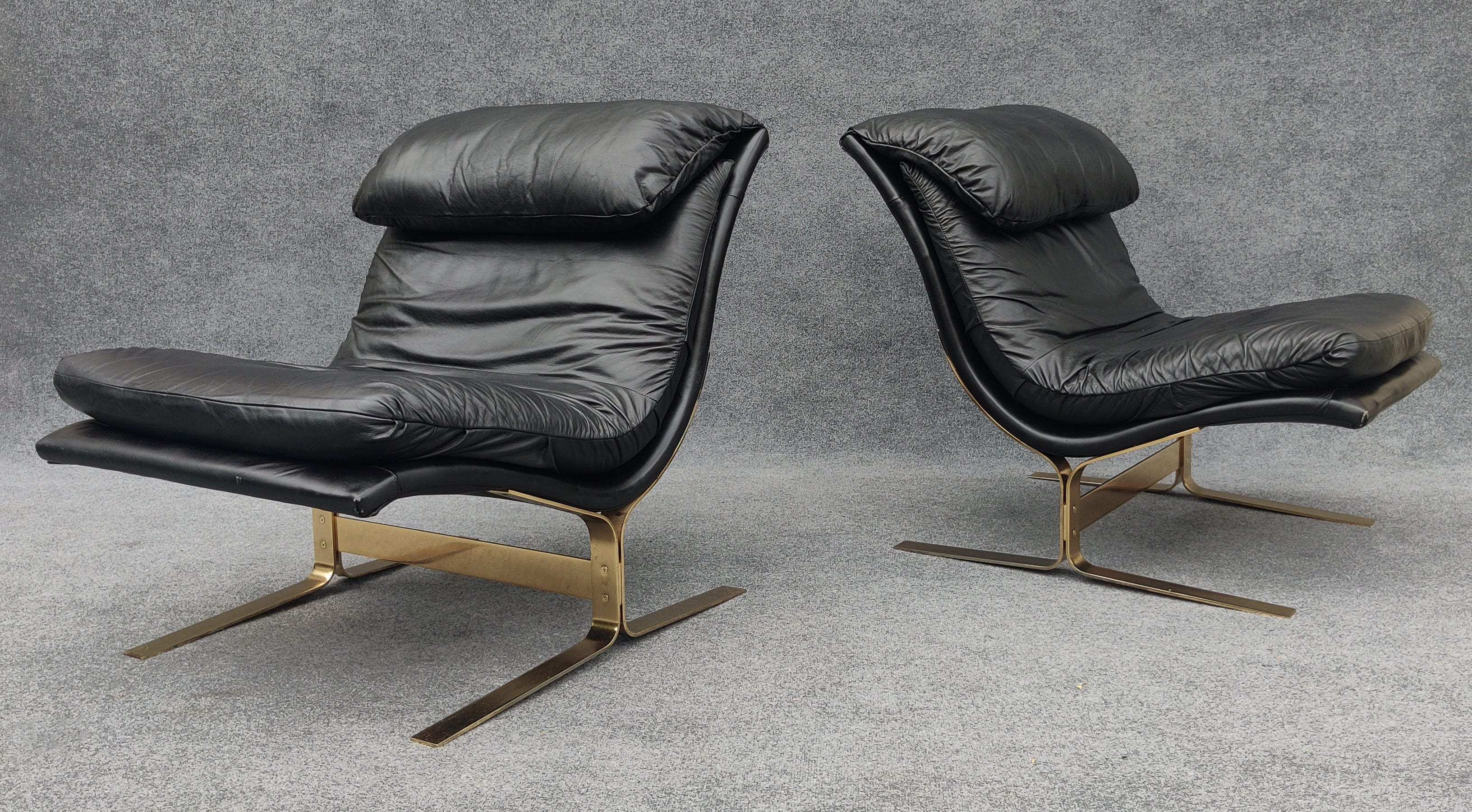 Pair Black Leather and Brass Plated Steel Lounge Chairs Style of ...