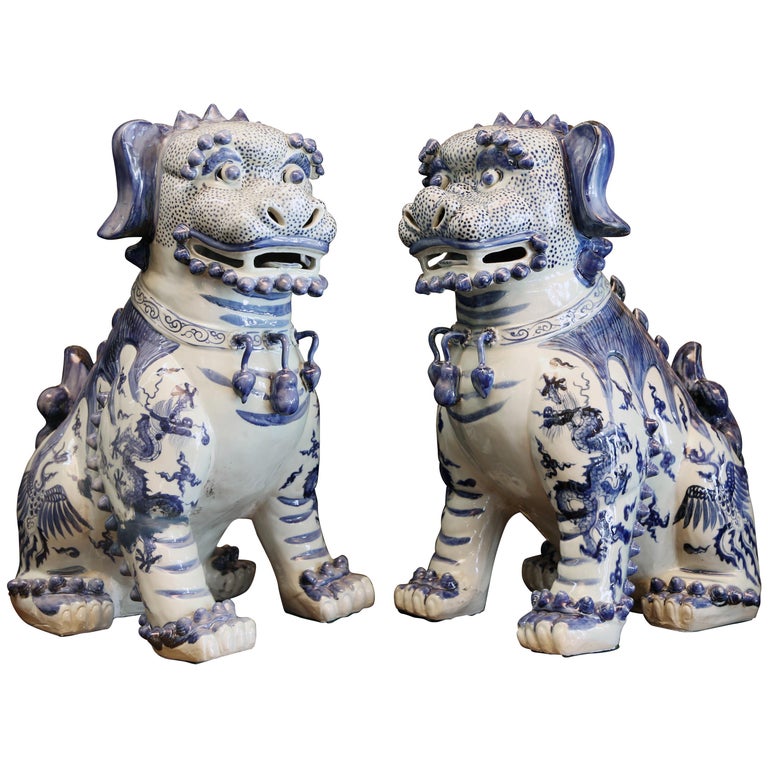 Pair Blue and White Chinese Foo Dogs Hand-Painted, Private Chinese ...