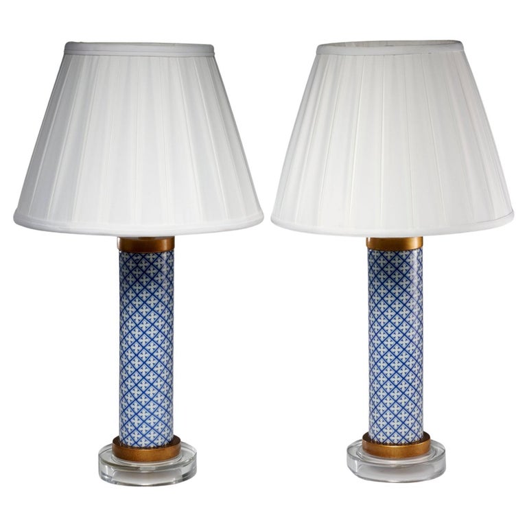 Pair Blue and White Geometric Porcelain and Brass Cylinder Lamps with ...