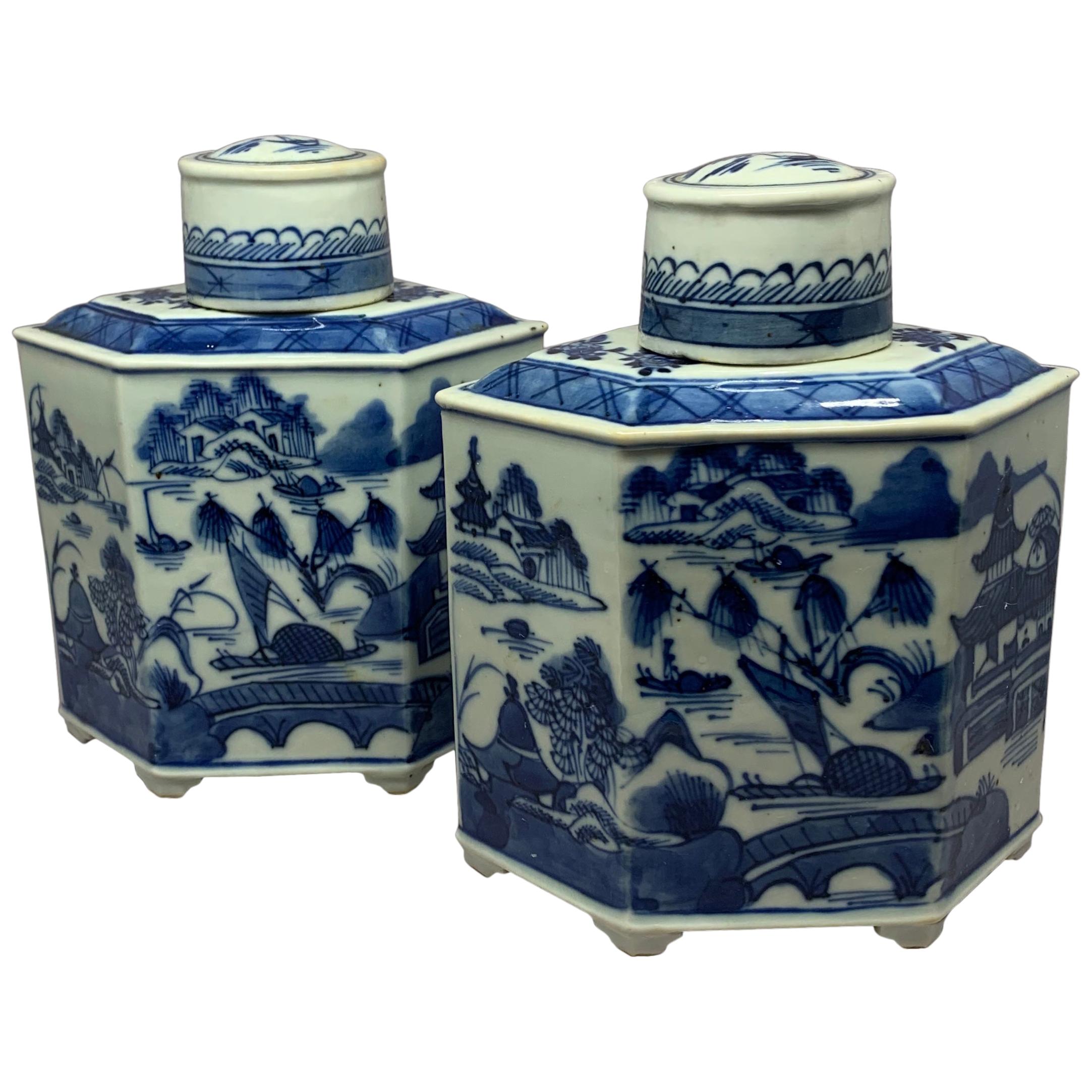 Pair of Blue and White Tea Caddies at 1stDibs