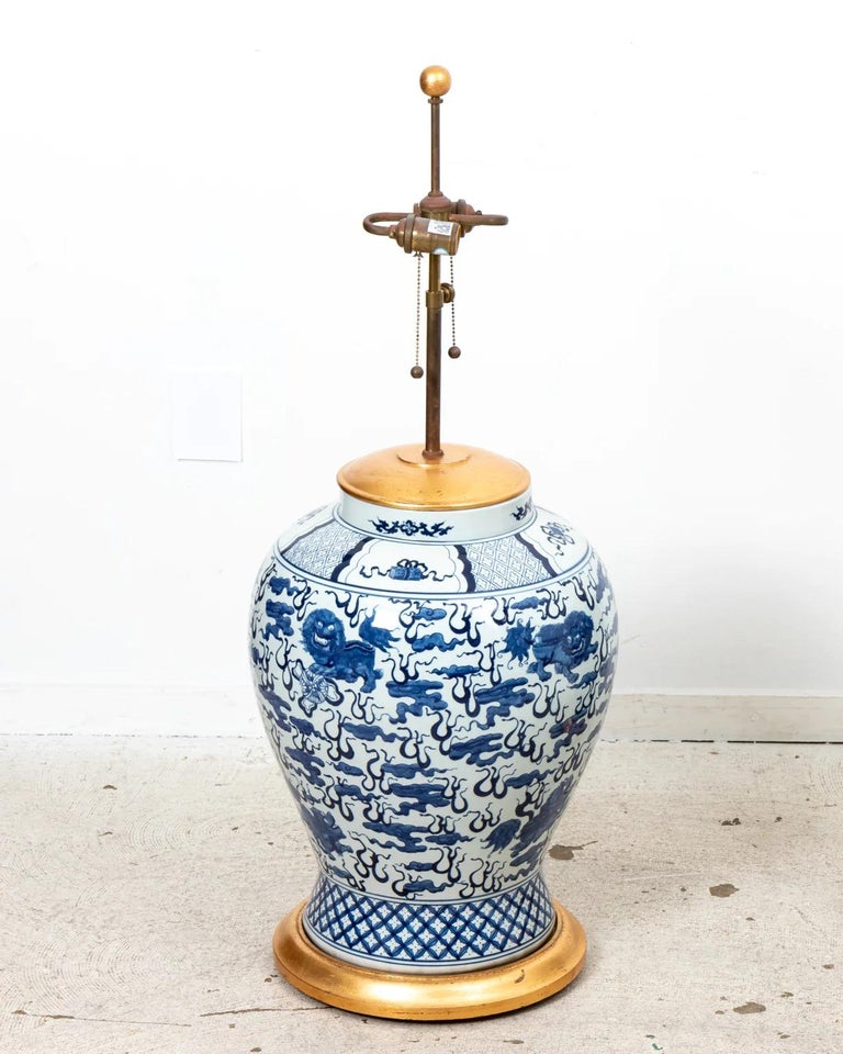 Pair Blue and White Temple Jar Lamps For Sale at 1stDibs