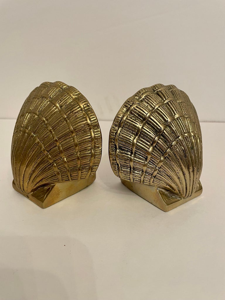 Pair Brass Clam Shell Seashell Bookends For Sale at 1stDibs