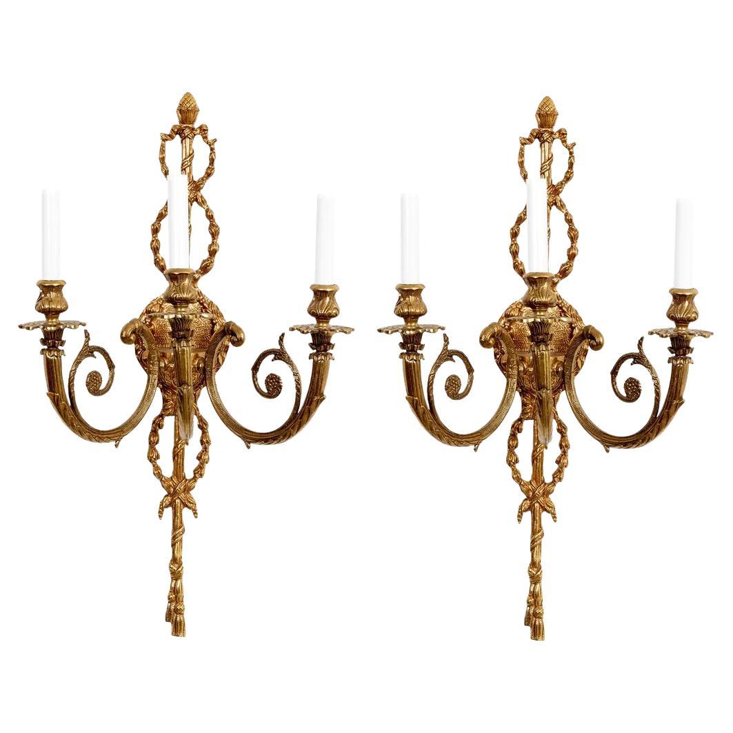 Pair of Huge Six Light Brass and Crystal Hollywood Regency Sconces For ...