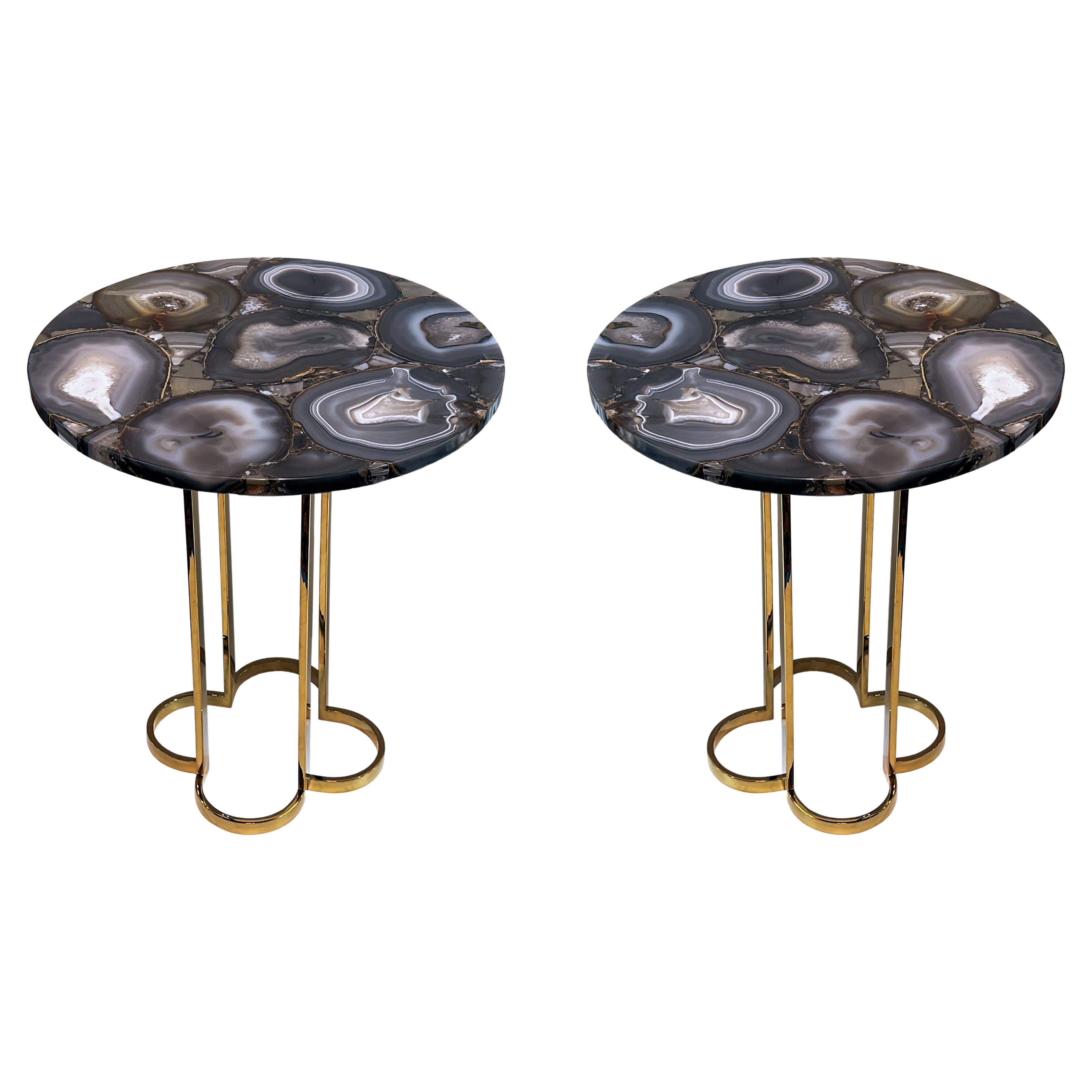 Pair Brass Side Tables with Round Agate Stone Tops at 1stDibs