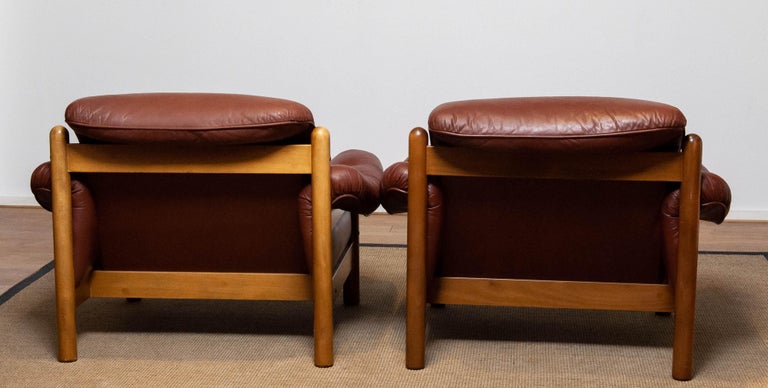 Pair Brazilian Style Brutalist Lounge Chairs in Brown Leather by Göte ...