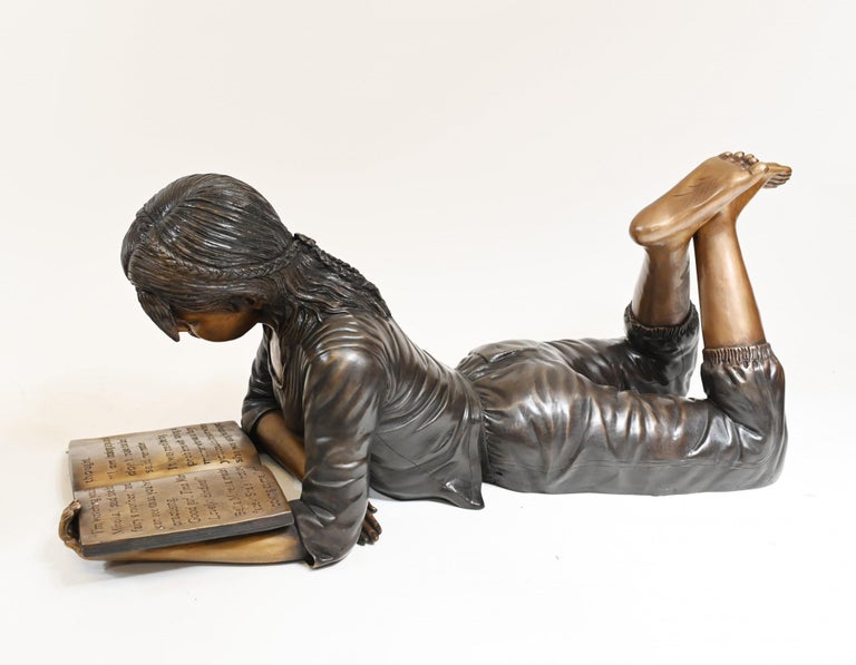 Pair Bronze Children Reading Statues Lifesize For Sale at 1stDibs
