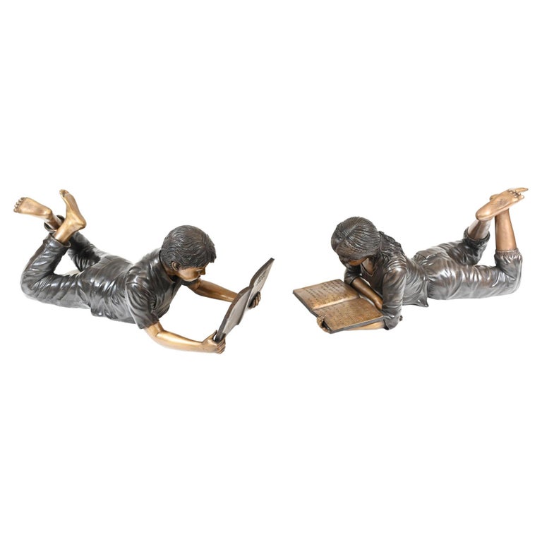 Pair Bronze Children Reading Statues Lifesize For Sale at 1stDibs