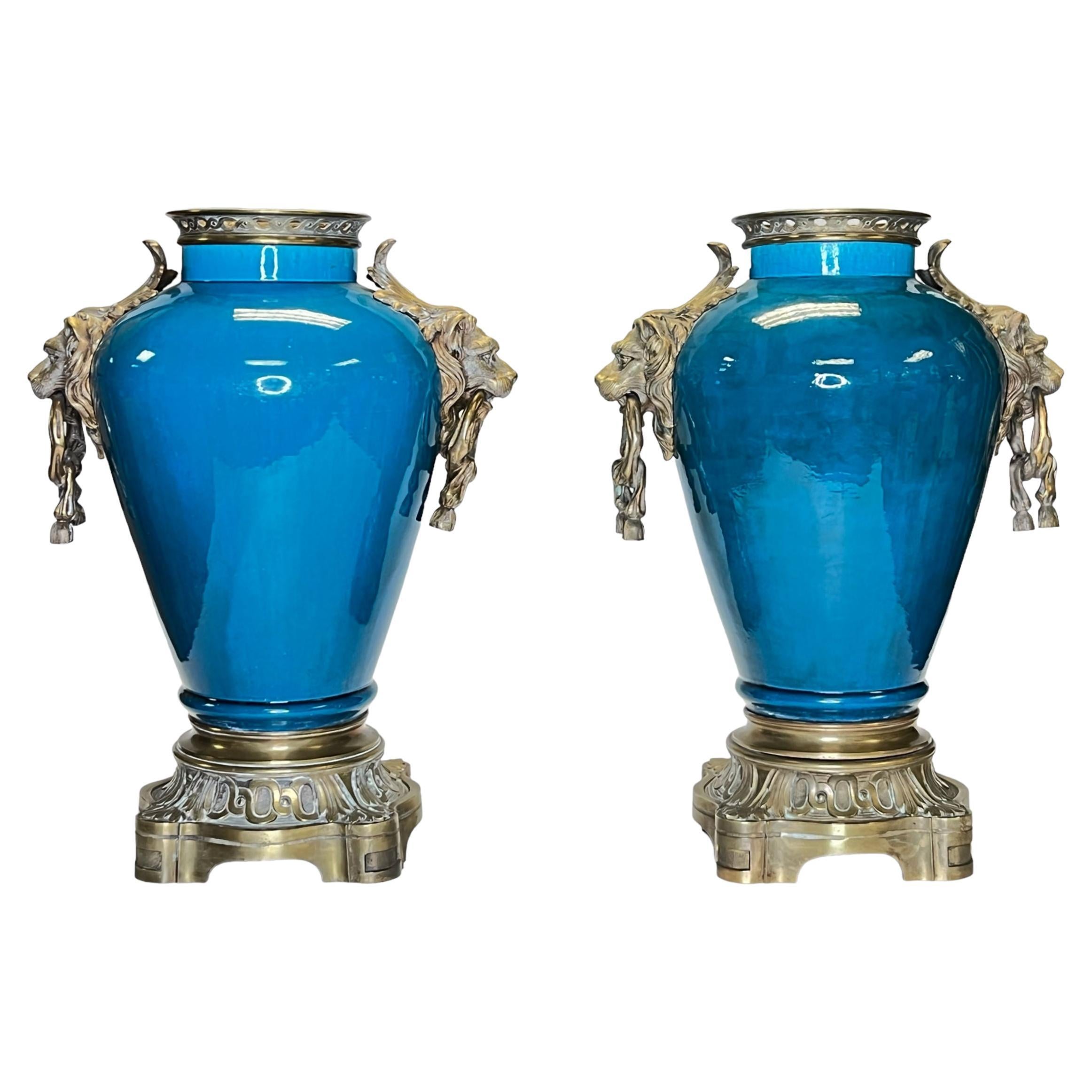 Pair Bronze Mounted Blue Glazed Porcelain Vases with Lion Mask Handles ...