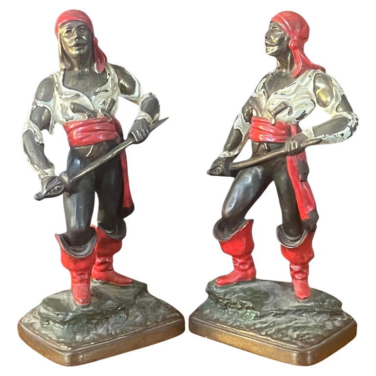 Pair Bronze Patinated Polychrome Pirate Bookends by Pompeian Bronze For ...
