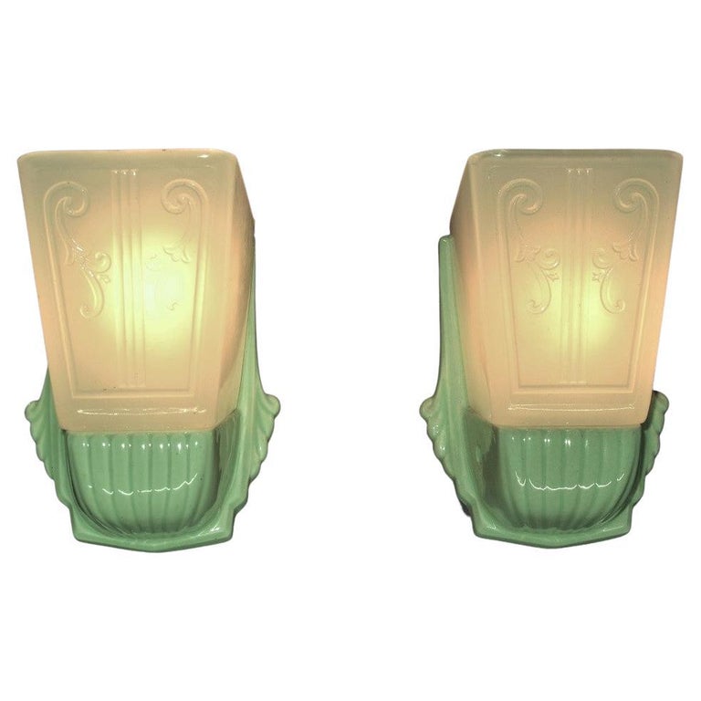 Pair Bungalow Green Porcelain Sconces with Slip Shades at 1stDibs