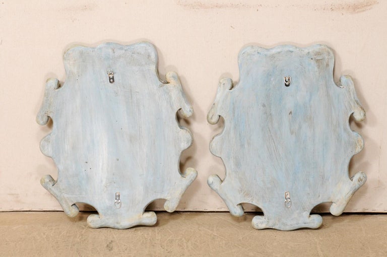 Pair of Cartouche Carved Wood Plaques with Scrolled Edges, Blue with ...