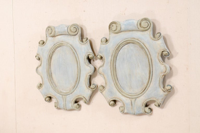 Pair of Cartouche Carved Wood Plaques with Scrolled Edges, Blue with ...