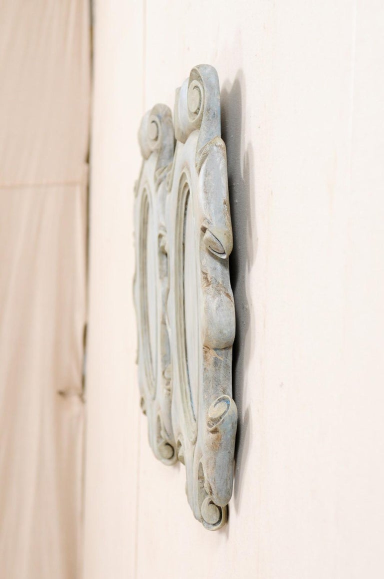 Pair of Cartouche Carved Wood Plaques with Scrolled Edges, Blue with ...