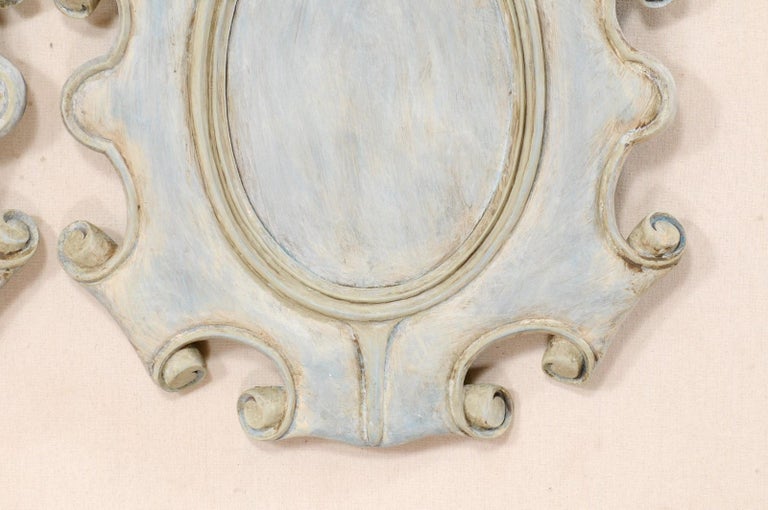 Pair of Cartouche Carved Wood Plaques with Scrolled Edges, Blue with ...