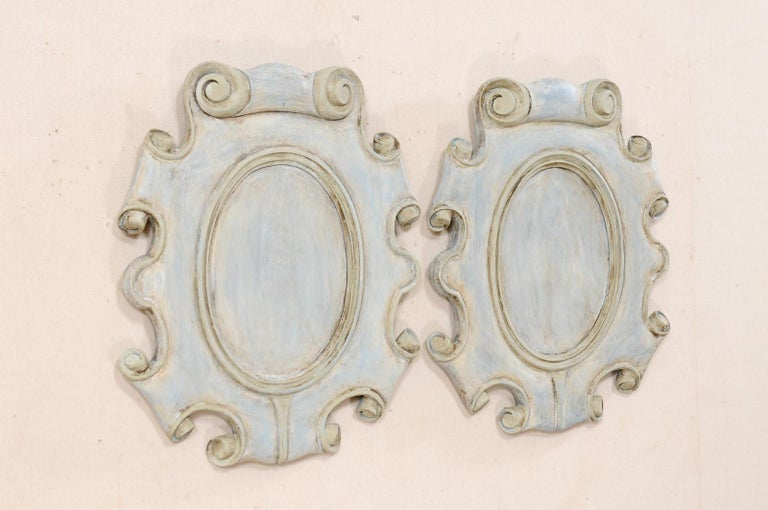 Pair of Cartouche Carved Wood Plaques with Scrolled Edges, Blue with ...