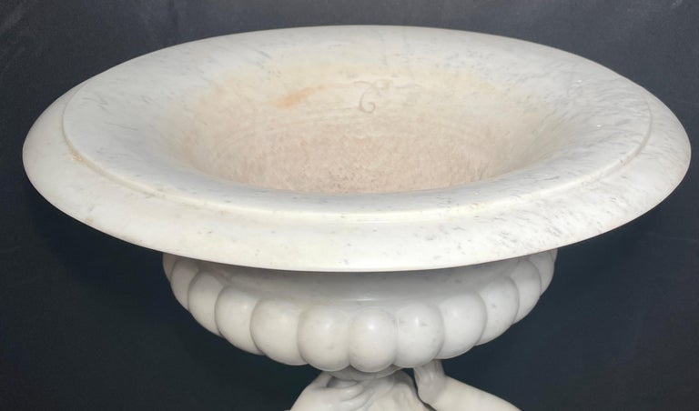Pair Carved Carrara Marble Bird Baths w/ Classic Designed Figures ...