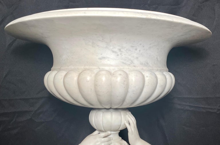 Pair Carved Carrara Marble Bird Baths w/ Classic Designed Figures ...