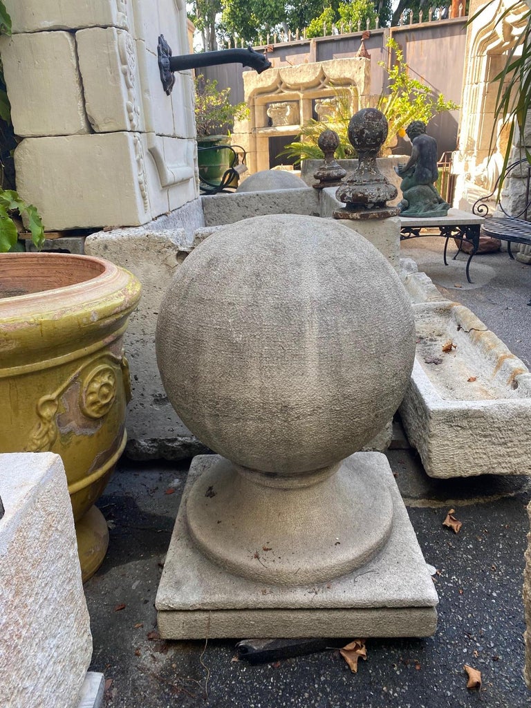 Pair Carved Stone Gate Pier Pillar Sphere Ball Finials on Pedestal Base ...
