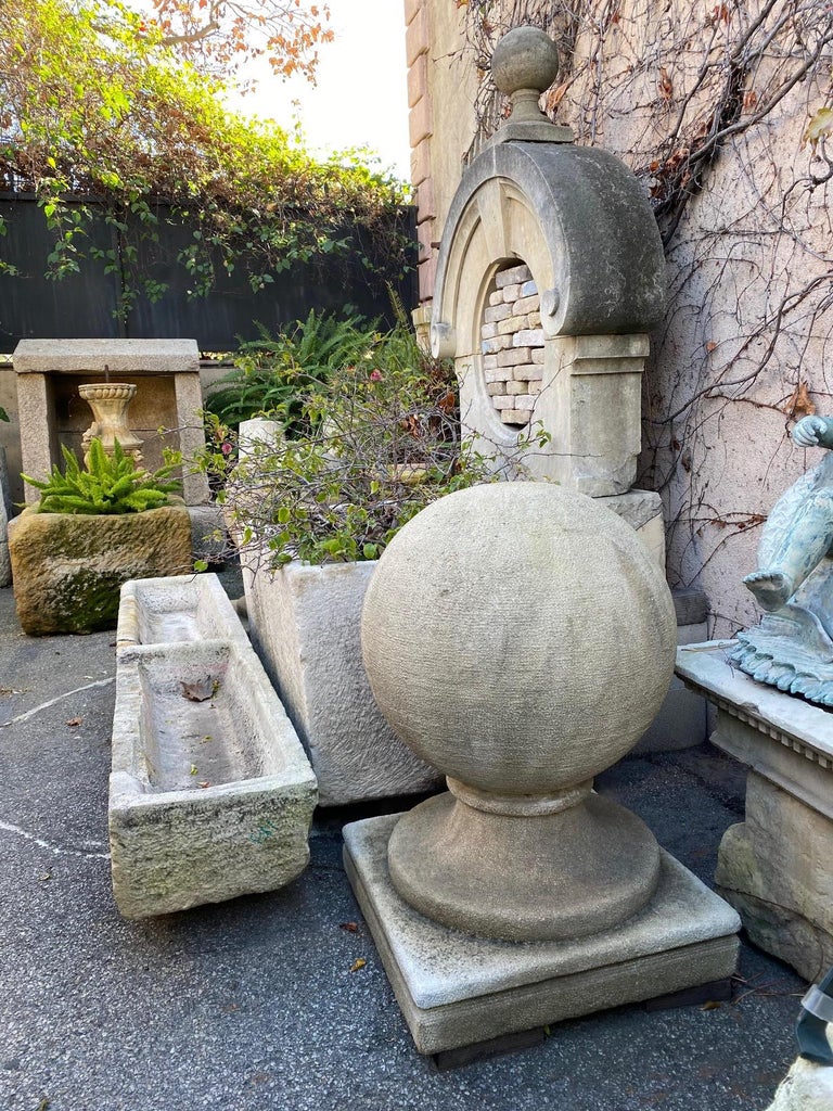 Pair Carved Stone Gate Pier Pillar Sphere Ball Finials on Pedestal Base ...