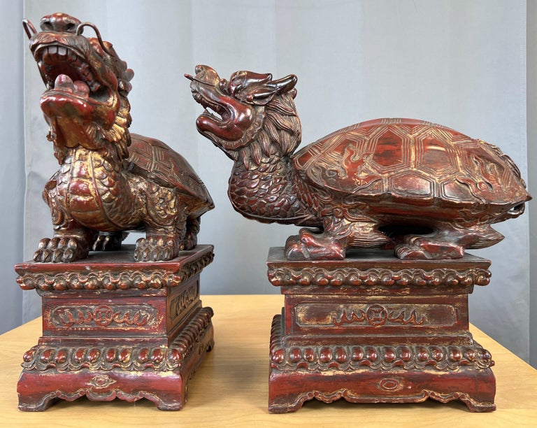 Pair Carved Wood Antique Lóngguī Dragons aka Dragon Turtles at 1stDibs