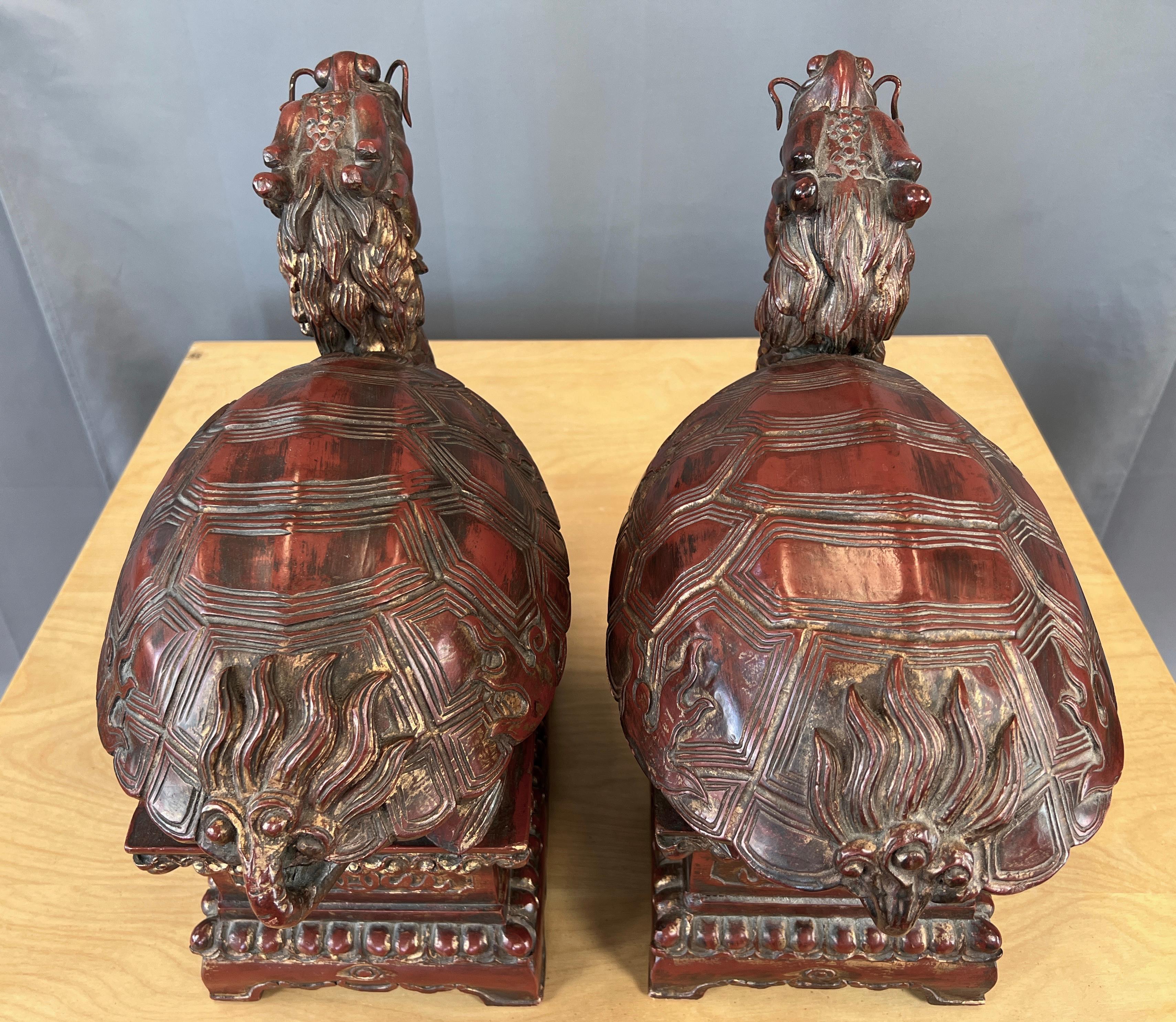 Pair Carved Wood Antique Lóngguī Dragons aka Dragon Turtles at 1stDibs