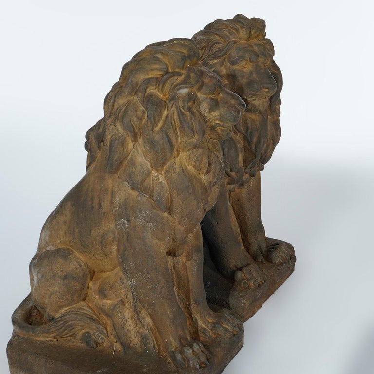 Pair Cast Hard Stone Classical Seated Lion Statues in Bronzed Finish ...