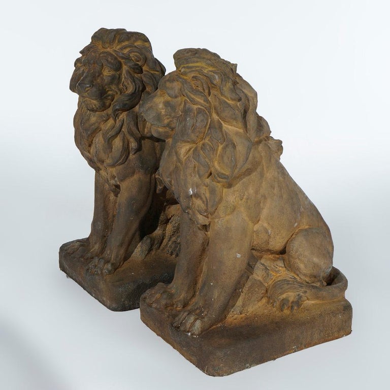 Pair Cast Hard Stone Classical Seated Lion Statues in Bronzed Finish ...