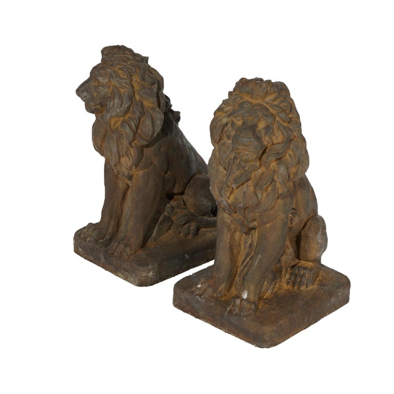 Pair Cast Hard Stone Classical Seated Lion Statues in Bronzed Finish ...