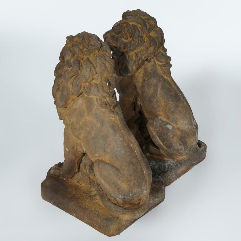 Pair Cast Hard Stone Classical Seated Lion Statues in Bronzed Finish ...