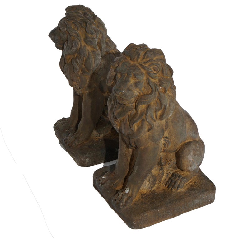 Pair Cast Hard Stone Classical Seated Lion Statues in Bronzed Finish ...