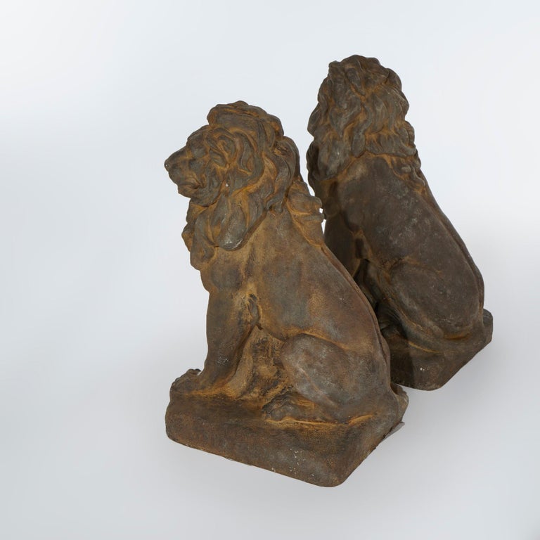 Pair Cast Hard Stone Classical Seated Lion Statues in Bronzed Finish ...