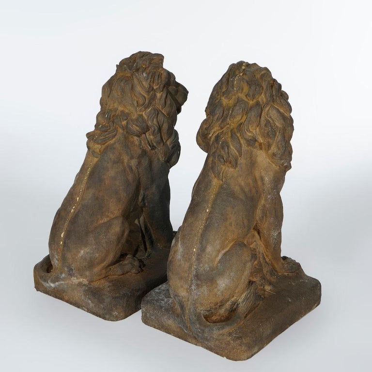 Pair Cast Hard Stone Classical Seated Lion Statues in Bronzed Finish ...